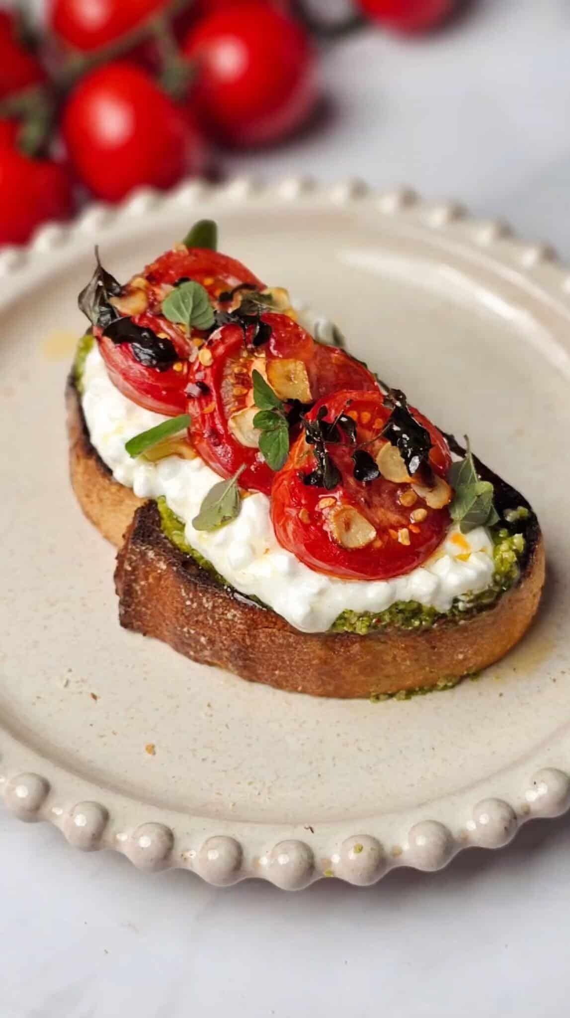 Roasted Tomato Toast with Pesto & Cottage Cheese - Kateryna's Cafe